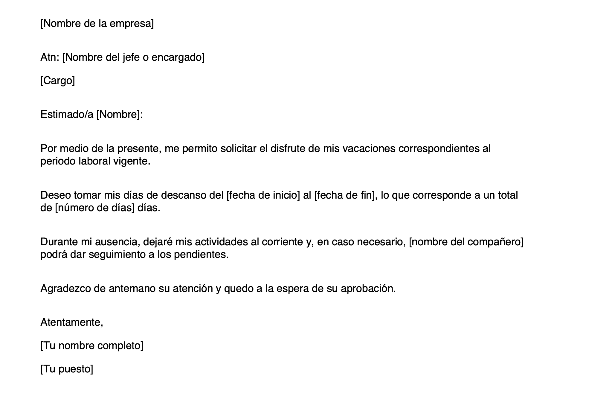 Formato de solicitud de vacaciones + Word y PDF gratis